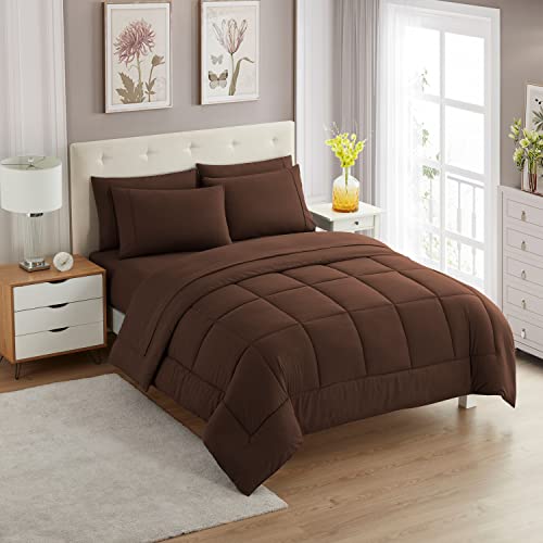 Sweet Home Collection 7 Piece Comforter Set Bag Solid Color All Season Soft Down Alternative Blanket & Luxurious Microfiber Bed Sheets, Brown, Twin XL