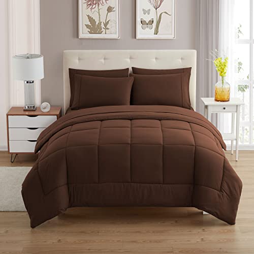 Sweet Home Collection 7 Piece Comforter Set Bag Solid Color All Season Soft Down Alternative Blanket & Luxurious Microfiber Bed Sheets, Brown, Twin XL