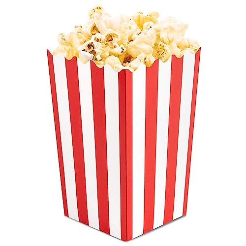 100 Pack Paper Popcorn Boxes for Movie Night and Birthday Party Supplies, Red & White, 5.5 in