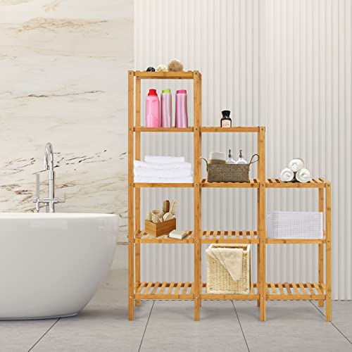 COSTWAY Bamboo Shelf Bathroom, Multifunctional 5-Tier Bamboo Plant Stand, Storage Organizer Rack, Plant Display Stand with Several Storage Cabinet