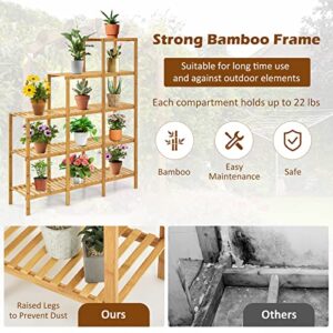 COSTWAY Bamboo Shelf Bathroom, Multifunctional 5-Tier Bamboo Plant Stand, Storage Organizer Rack, Plant Display Stand with Several Storage Cabinet