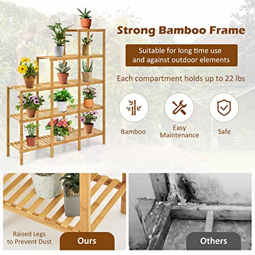 COSTWAY Bamboo Shelf Bathroom, Multifunctional 5-Tier Bamboo Plant Stand, Storage Organizer Rack, Plant Display Stand with Several Storage Cabinet