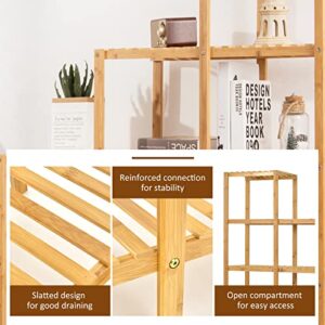 COSTWAY Bamboo Shelf Bathroom, Multifunctional 5-Tier Bamboo Plant Stand, Storage Organizer Rack, Plant Display Stand with Several Storage Cabinet