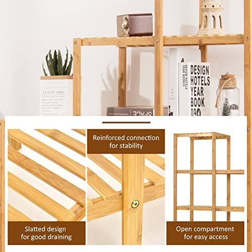 COSTWAY Bamboo Shelf Bathroom, Multifunctional 5-Tier Bamboo Plant Stand, Storage Organizer Rack, Plant Display Stand with Several Storage Cabinet