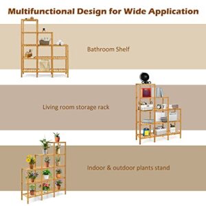 COSTWAY Bamboo Shelf Bathroom, Multifunctional 5-Tier Bamboo Plant Stand, Storage Organizer Rack, Plant Display Stand with Several Storage Cabinet