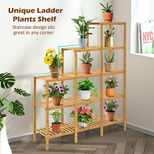 COSTWAY Bamboo Shelf Bathroom, Multifunctional 5-Tier Bamboo Plant Stand, Storage Organizer Rack, Plant Display Stand with Several Storage Cabinet