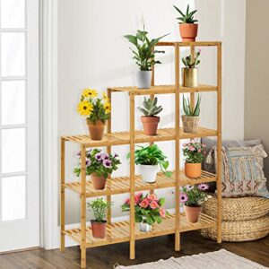 COSTWAY Bamboo Shelf Bathroom, Multifunctional 5-Tier Bamboo Plant Stand, Storage Organizer Rack, Plant Display Stand with Several Storage Cabinet