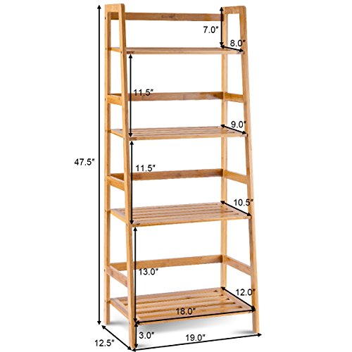 COSTWAY 47.5'' Bamboo Ladder Shelf, Multifunctional Plant Flower Display Stand, Storage Rack, Bookcase Bookshelf Natural (4 Tier)