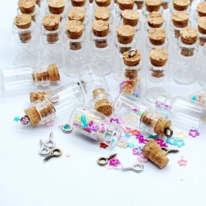 LEFV™ Mini Cork Top Glass Bottle Vial Charm Kit 3/4 Inch - 25pcs 0.5ml Clear Bottles with Corks & 25pcs Eye Screws - Miniature Empty Sample Jars Message Bottle Small Tiny Size