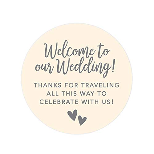 Andaz Press Out of Town Bags Round Circle Gift Labels Stickers, Welcome to Our Wedding Thanks for Traveling to Celebrate with Us, Ivory, 40-Pack, for Destination OOT Gable Boxes