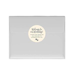 Andaz Press Out of Town Bags Round Circle Gift Labels Stickers, Welcome to Our Wedding Thanks for Traveling to Celebrate with Us, Ivory, 40-Pack, for Destination OOT Gable Boxes