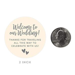 Andaz Press Out of Town Bags Round Circle Gift Labels Stickers, Welcome to Our Wedding Thanks for Traveling to Celebrate with Us, Ivory, 40-Pack, for Destination OOT Gable Boxes