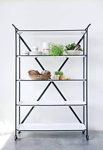 Creative Co-Op 5-Tier 66" H Tray-Style Enameled Metal Unit with Locking Caster Wheels Shelves, White