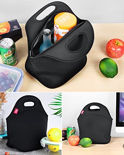 yookee home Waterproof Lunch Bag Double Layer Leakproof Neoprene Insulated Lunch Bag Freezable Black Reusable Thermal Lunch Cooler Tote Lunch Box for Boys Men Women Adult Kids for Work Outdoor