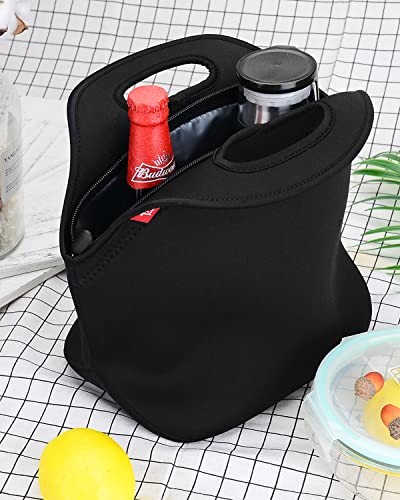 yookee home Waterproof Lunch Bag Double Layer Leakproof Neoprene Insulated Lunch Bag Freezable Black Reusable Thermal Lunch Cooler Tote Lunch Box for Boys Men Women Adult Kids for Work Outdoor