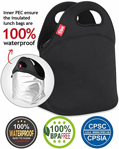 yookee home Waterproof Lunch Bag Double Layer Leakproof Neoprene Insulated Lunch Bag Freezable Black Reusable Thermal Lunch Cooler Tote Lunch Box for Boys Men Women Adult Kids for Work Outdoor