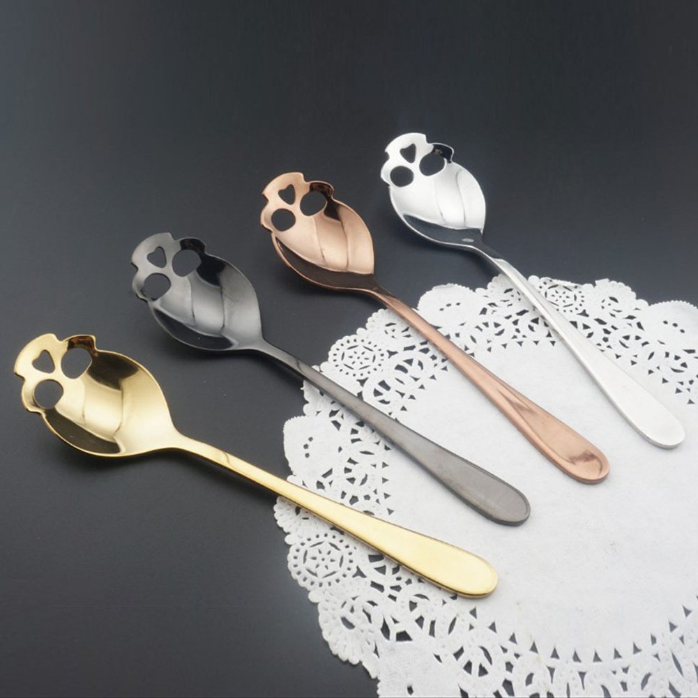 304 Stainless Steel Skull Sugar Spoon Dessert Tea Coffee Stirring Spoon Set of 6 (Black)