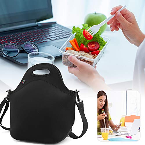 Nuovoware Insulated Lunch Bag for Women, Neoprene Lunch Tote Bag Picnic Lunch Box Bag with Adjustable Cross-Body Strap, Black