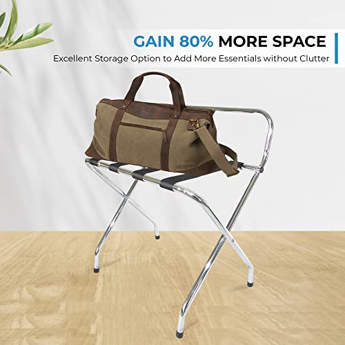 USTECH Single Tier X-Shape Folding Luggage Rack with High Back | Durable Metal Stand & Heavy-Duty Nylon Straps for Guest Room Storage & Suitcase Holder | Perfect for Bedroom & Closet