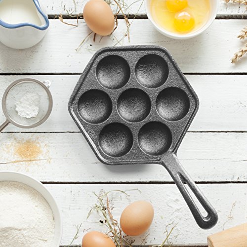 Commercial CHEF Cast Iron Danish Aebleskiver Pan, Preseasoned Cast Iron Cookware for Pancake Puffs, Makes 7 Pancake Balls