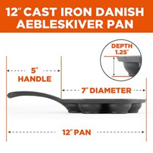 Commercial CHEF Cast Iron Danish Aebleskiver Pan, Preseasoned Cast Iron Cookware for Pancake Puffs, Makes 7 Pancake Balls