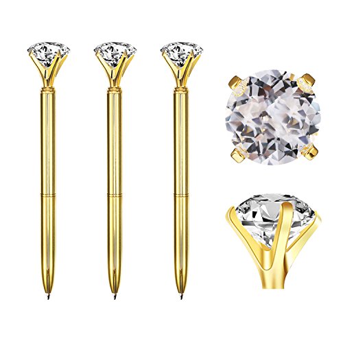 Bememo 12 Pieces Big Diamond Crystal Ballpoint Pens and 6 Pieces Ballpoint Pen Refills, Black Ink (Gold)