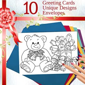 Art Eclect Adult Coloring Greeting Cards for Birthday, Anniversary and Every Occasion (10 Cards With 10 Different Unique Designs and 10 Colored Envelopes Included, Set A/Rainbow)