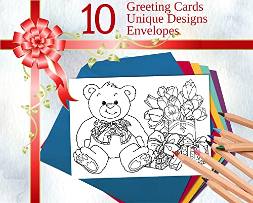 Art Eclect Adult Coloring Greeting Cards for Birthday, Anniversary and Every Occasion (10 Cards With 10 Different Unique Designs and 10 Colored Envelopes Included, Set A/Rainbow)