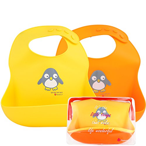 NatureBond Quirky Penguin Baby Bibs, Silicone Bibs for Babies, Set of 2 w/Carry Pouch (Yellow & Tangerine) Waterproof Bibs. Baby Shower Gifts. Funny Baby Bib