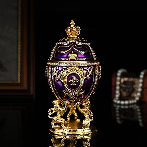 QIFU-Hand Painted Enameled Elegant Purple Faberge Egg Style Decorative Hinged Jewelry Trinket Box Unique Gift For Home Decor