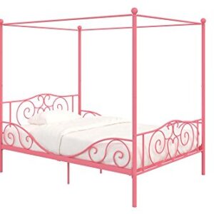 DHP Metal Canopy Kids Platform Bed with Four Poster Design, Scrollwork Headboard and Footboard, Underbed Storage Space, No Box Sring Needed, Full, Pink