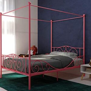 DHP Metal Canopy Kids Platform Bed with Four Poster Design, Scrollwork Headboard and Footboard, Underbed Storage Space, No Box Sring Needed, Full, Pink