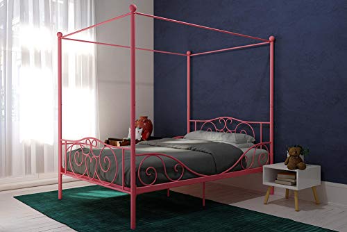 DHP Metal Canopy Kids Platform Bed with Four Poster Design, Scrollwork Headboard and Footboard, Underbed Storage Space, No Box Sring Needed, Full, Pink