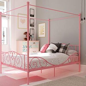 DHP Metal Canopy Kids Platform Bed with Four Poster Design, Scrollwork Headboard and Footboard, Underbed Storage Space, No Box Sring Needed, Full, Pink