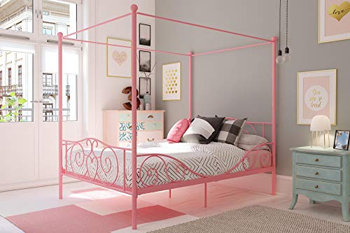 DHP Metal Canopy Kids Platform Bed with Four Poster Design, Scrollwork Headboard and Footboard, Underbed Storage Space, No Box Sring Needed, Full, Pink