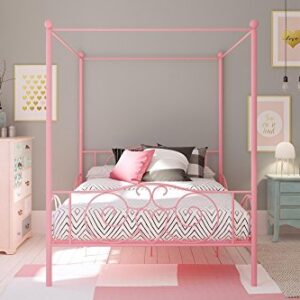 DHP Metal Canopy Kids Platform Bed with Four Poster Design, Scrollwork Headboard and Footboard, Underbed Storage Space, No Box Sring Needed, Full, Pink