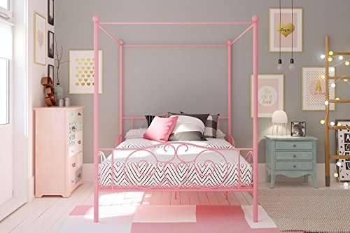 DHP Metal Canopy Kids Platform Bed with Four Poster Design, Scrollwork Headboard and Footboard, Underbed Storage Space, No Box Sring Needed, Full, Pink