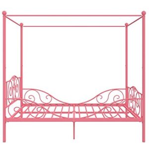 DHP Metal Canopy Kids Platform Bed with Four Poster Design, Scrollwork Headboard and Footboard, Underbed Storage Space, No Box Sring Needed, Full, Pink