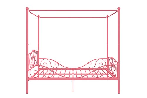 DHP Metal Canopy Kids Platform Bed with Four Poster Design, Scrollwork Headboard and Footboard, Underbed Storage Space, No Box Sring Needed, Full, Pink