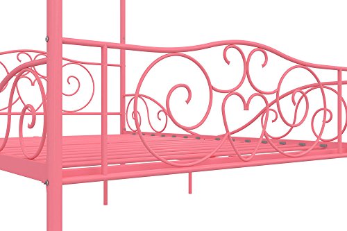 DHP Metal Canopy Kids Platform Bed with Four Poster Design, Scrollwork Headboard and Footboard, Underbed Storage Space, No Box Sring Needed, Full, Pink