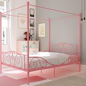 DHP Metal Canopy Kids Platform Bed with Four Poster Design, Scrollwork Headboard and Footboard, Underbed Storage Space, No Box Sring Needed, Full, Pink