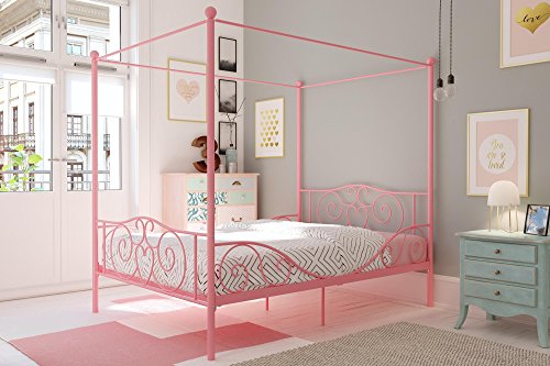 DHP Metal Canopy Kids Platform Bed with Four Poster Design, Scrollwork Headboard and Footboard, Underbed Storage Space, No Box Sring Needed, Full, Pink