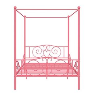 DHP Metal Canopy Kids Platform Bed with Four Poster Design, Scrollwork Headboard and Footboard, Underbed Storage Space, No Box Sring Needed, Full, Pink