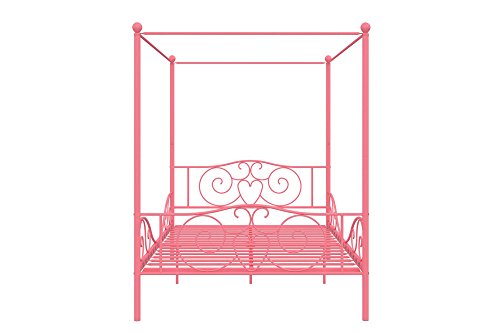 DHP Metal Canopy Kids Platform Bed with Four Poster Design, Scrollwork Headboard and Footboard, Underbed Storage Space, No Box Sring Needed, Full, Pink