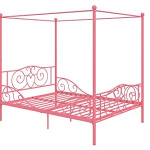 DHP Metal Canopy Kids Platform Bed with Four Poster Design, Scrollwork Headboard and Footboard, Underbed Storage Space, No Box Sring Needed, Full, Pink