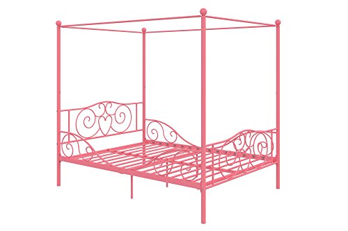 DHP Metal Canopy Kids Platform Bed with Four Poster Design, Scrollwork Headboard and Footboard, Underbed Storage Space, No Box Sring Needed, Full, Pink