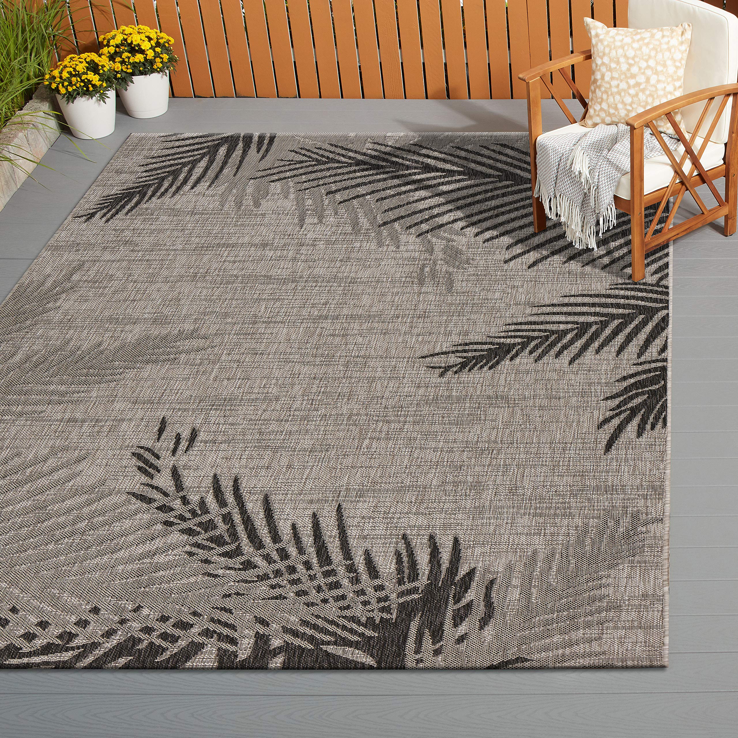 LR Home Captiva Shaded Palms Indoor/Outdoor Area Rug, 5' x 7', Beige/Black