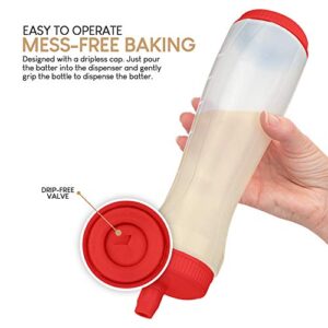 Pancake Batter Dispenser Pen, Easy Squeeze Bottle Baking Drip Proof Silicone Nozzle and Measurement Marker Plastic Condiment Bottles Pancakes, Waffles, Crepes, by Exultimate (Red, 3 Cups)