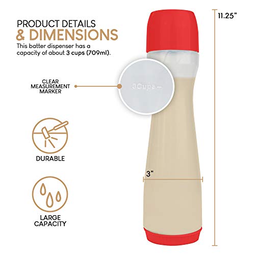 Pancake Batter Dispenser Pen, Easy Squeeze Bottle Baking Drip Proof Silicone Nozzle and Measurement Marker Plastic Condiment Bottles Pancakes, Waffles, Crepes, by Exultimate (Red, 3 Cups)