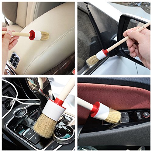 URlighting Car Detailing Brush, 6Pcs Auto Detail Boar Hair Brush Set with Wood Handle for Cleaning Wheels, Dashboard, Interior, Exterior, Leather, Air Vents, Emblems